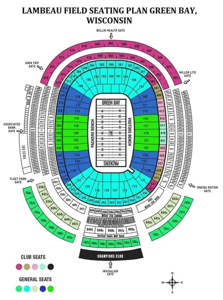 Lambeau Field Stadium Seating Chart with Seat Numbers and Rows, Parking Map