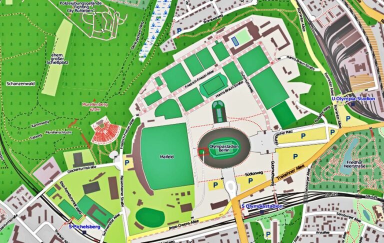 Olympic Stadium Berlin Seating Map with Seat Numbers and Rows, Parking Map