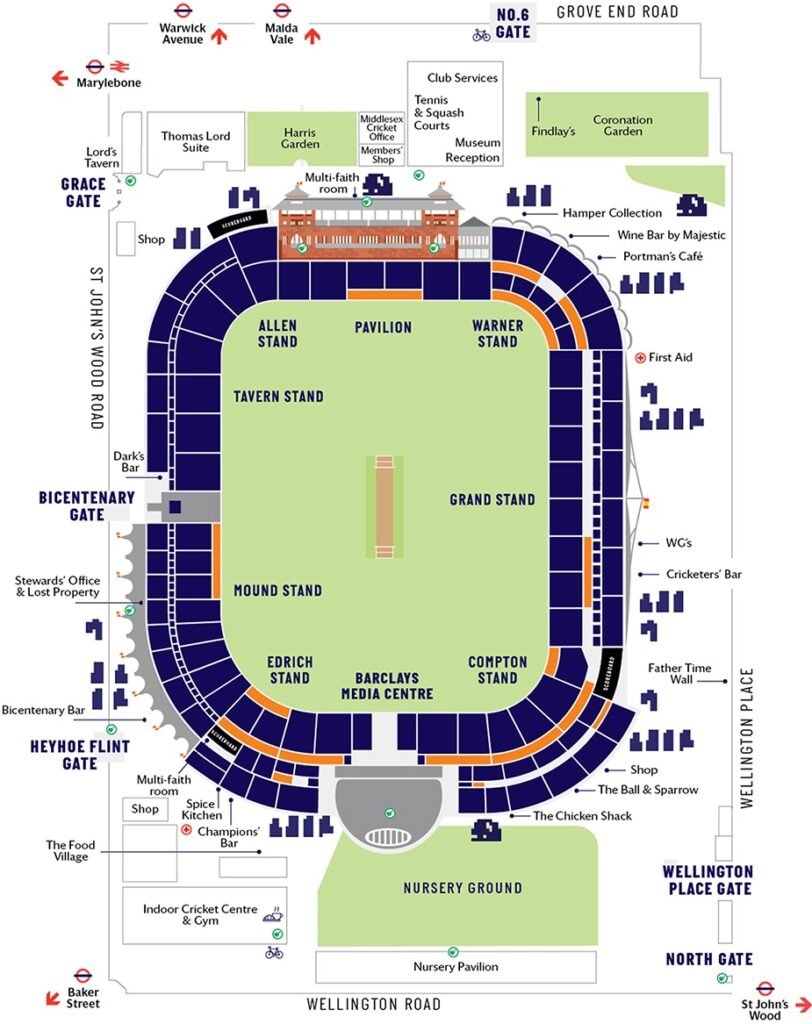 Lord's Cricket Ground Seating Plan with Seat Numbers and Rows 2026